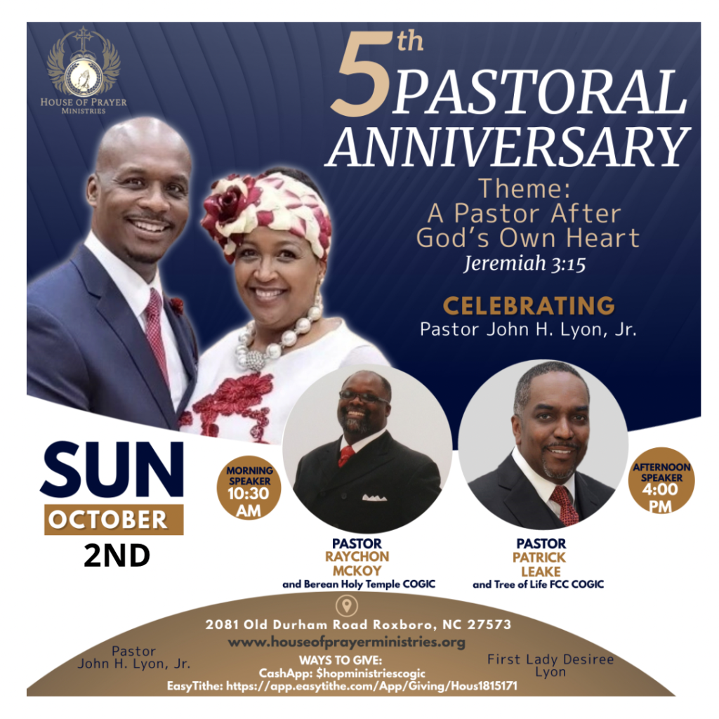 4 PM – 5th Pastoral Anniversary Celebration – House of Prayer Ministries 4 PM – 5th Pastoral Anniversary Celebration – House of Prayer Ministries